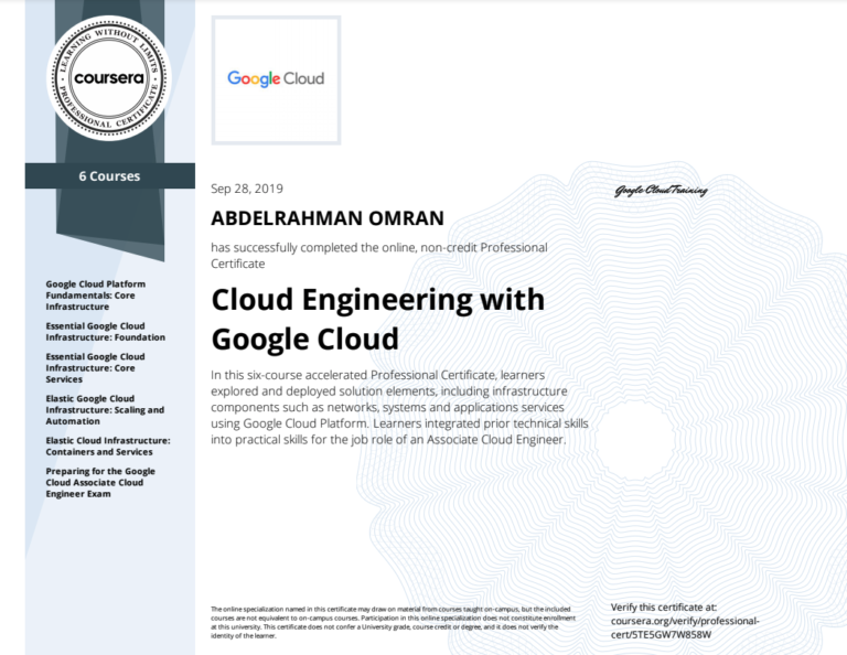 Cloud Engineering with Google Cloud Specialization | Abdelrahman Omran