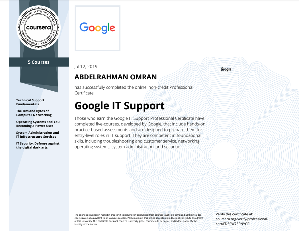 Google IT Support Professional Specialization Abdelrahman Omran